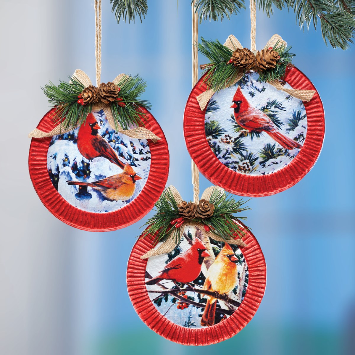 Glass Cardinals Ornaments with Pine Sprig - Set of 3 | Collections Etc.