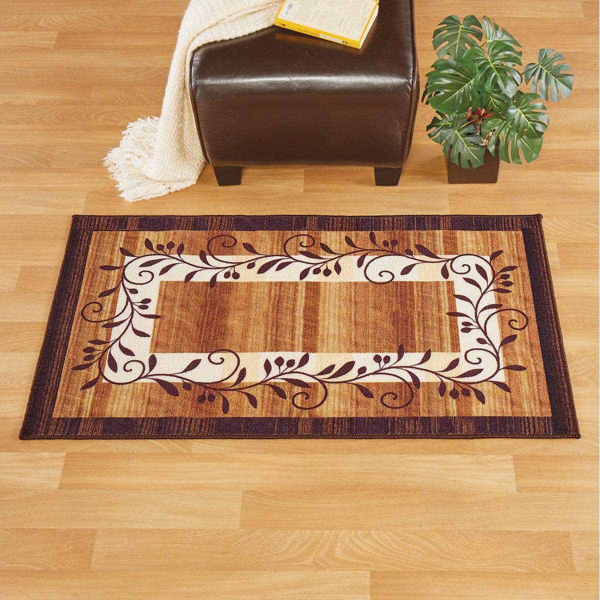 Ombre Scroll Vine Leaf Border Accent Rug | Collections Etc.