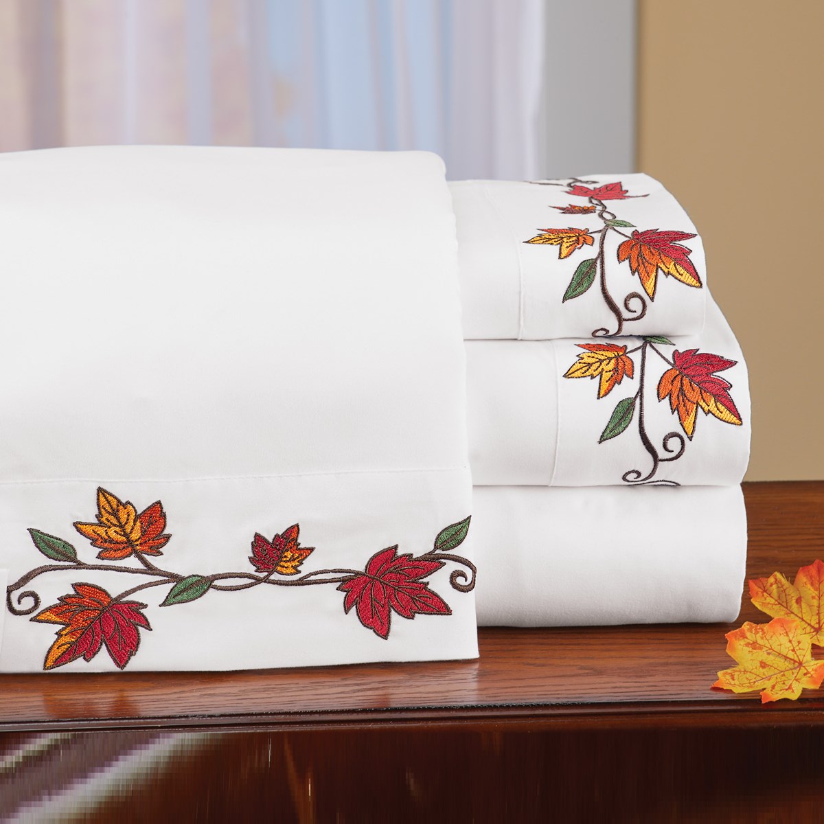 Harvest Maple Leaves Embroidered Sheet Set | Collections Etc.