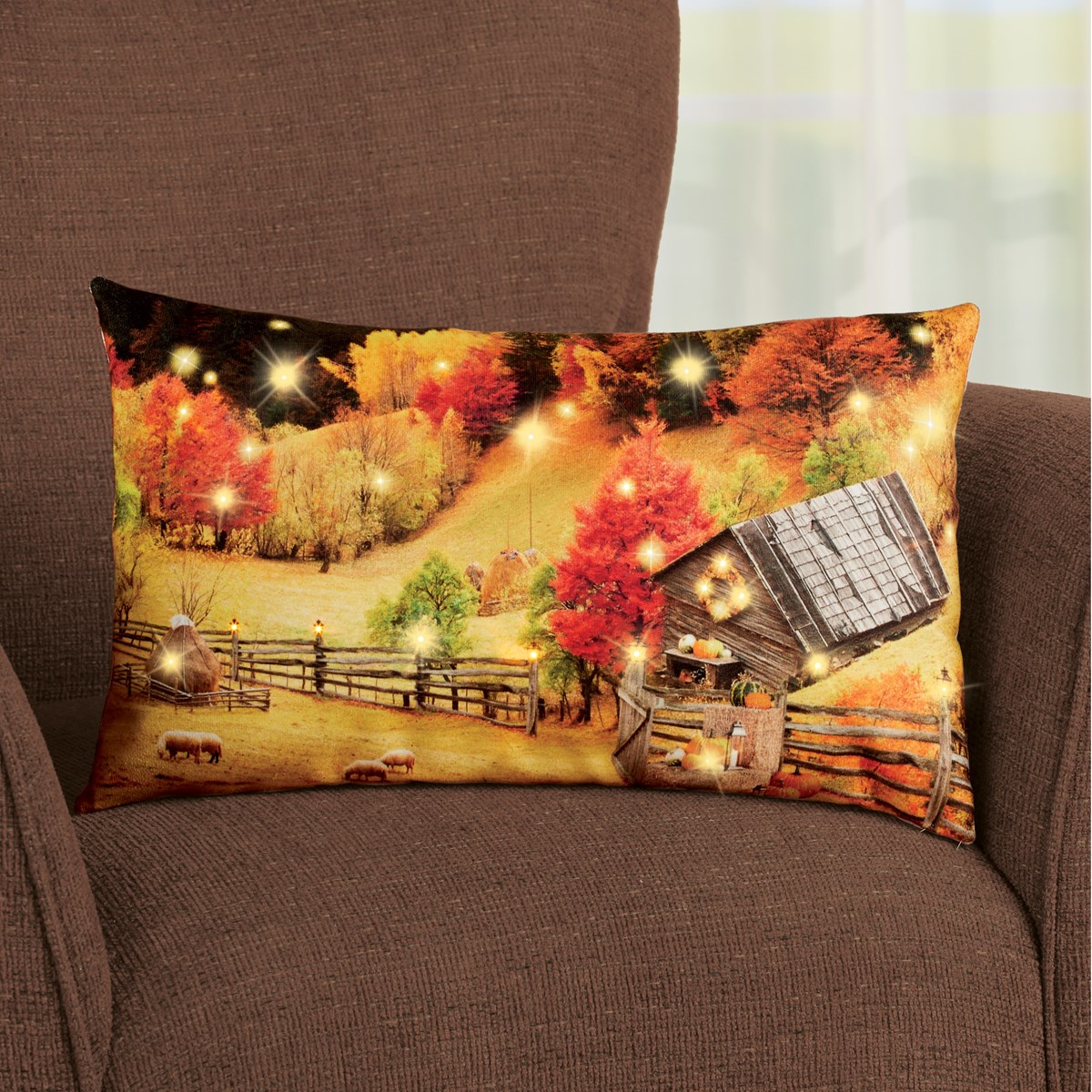 Lighted Fall Accent Pillow with Farm Scene | Collections Etc.