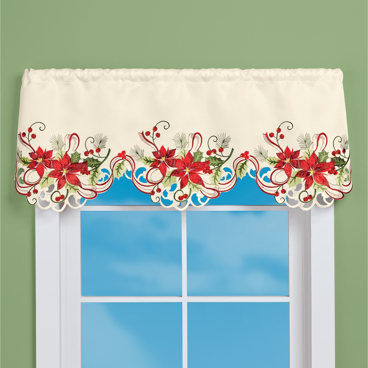 Pretty Poinsettia Embroidered Window Valance | Collections Etc.