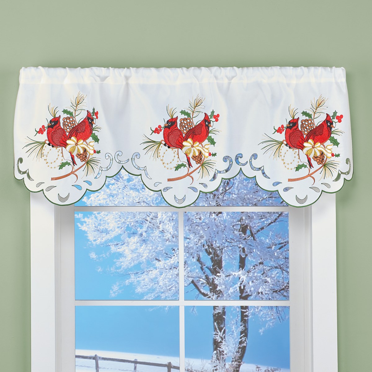 Embroidered Cardinals and Pine Branches Window Valance | Collections Etc.