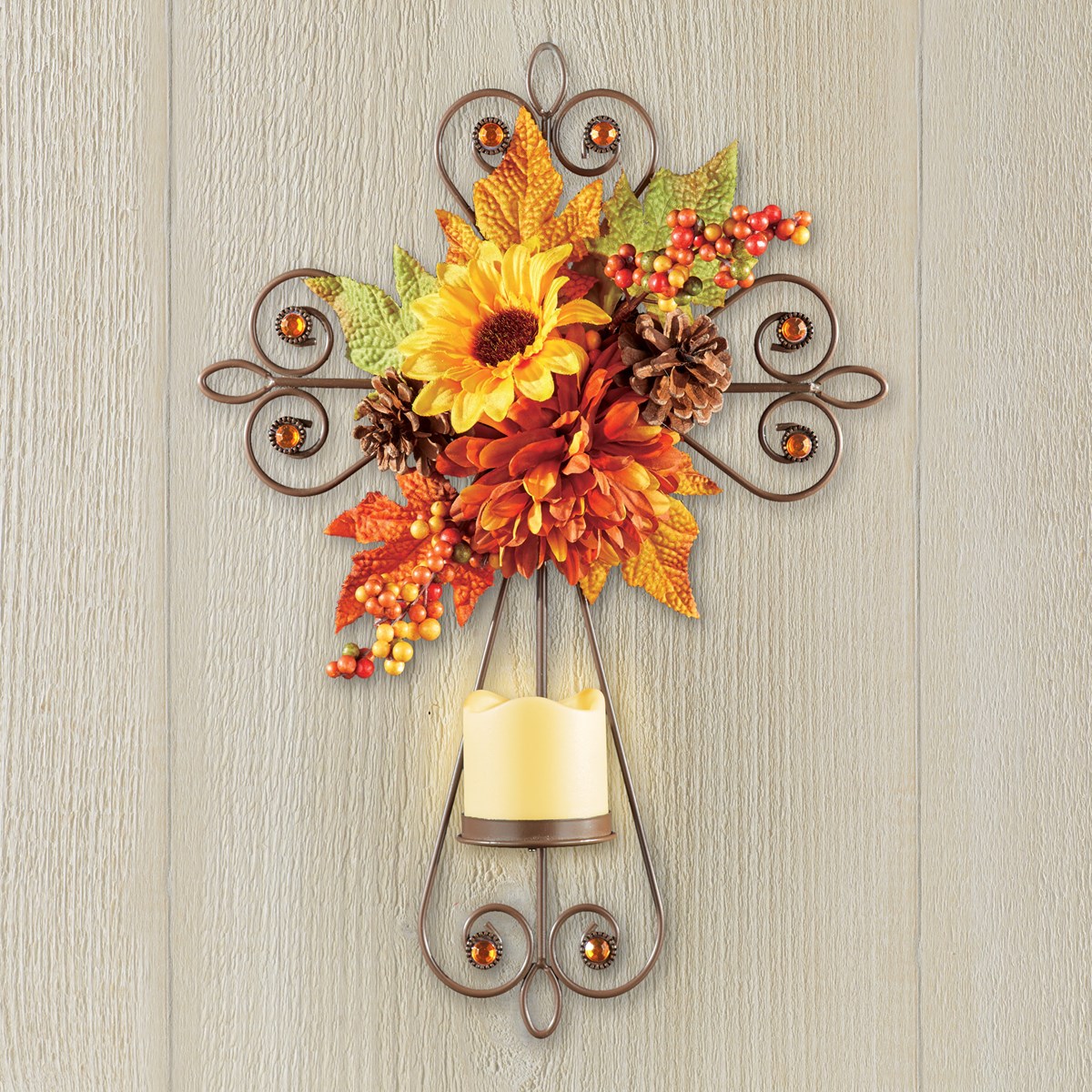 Lighted Autumn Wall Cross with LED Candle and Remote | Collections Etc.