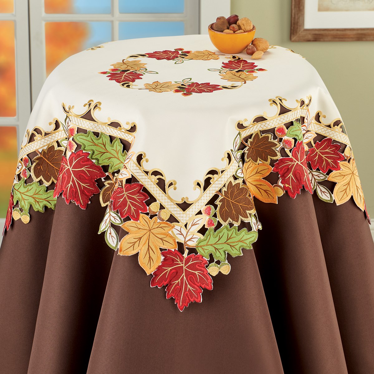 Faux Suede Embroidered Leaves Fall Table Linens | Collections Etc.