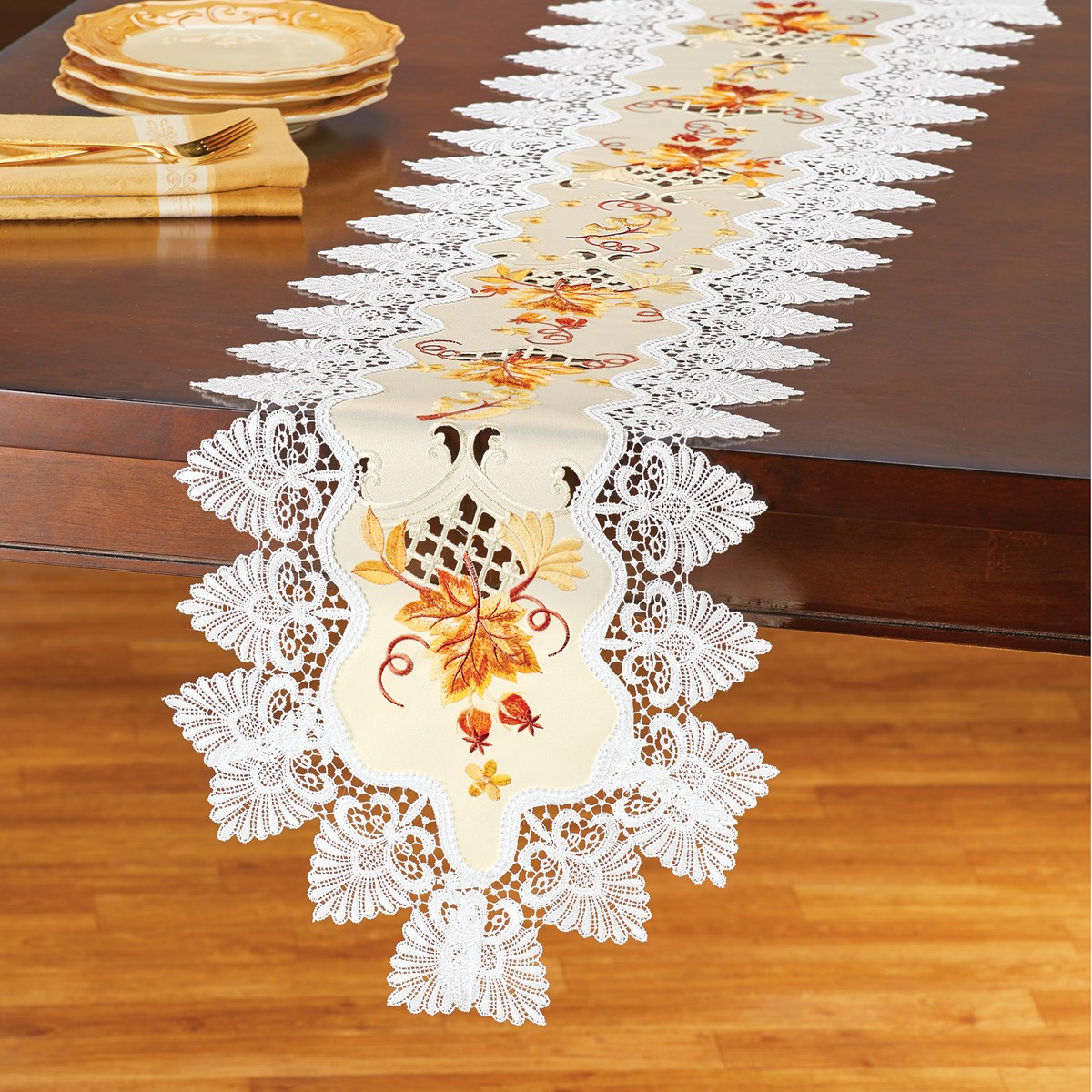 Fall Leaves Lace Edge Embroidered Table Linens | Collections Etc.