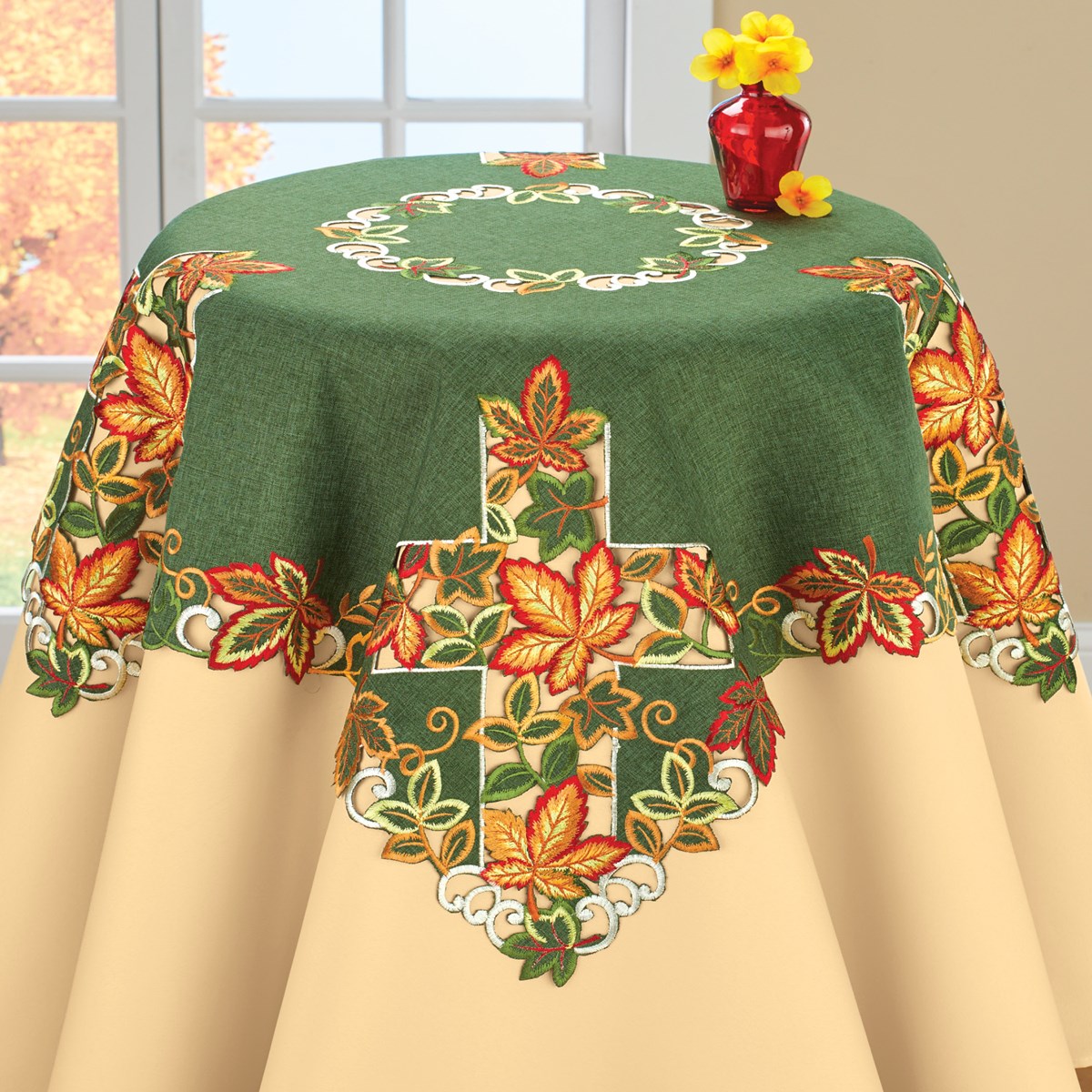 Fall Leaves Cross Embroidered Table Linens | Collections Etc.