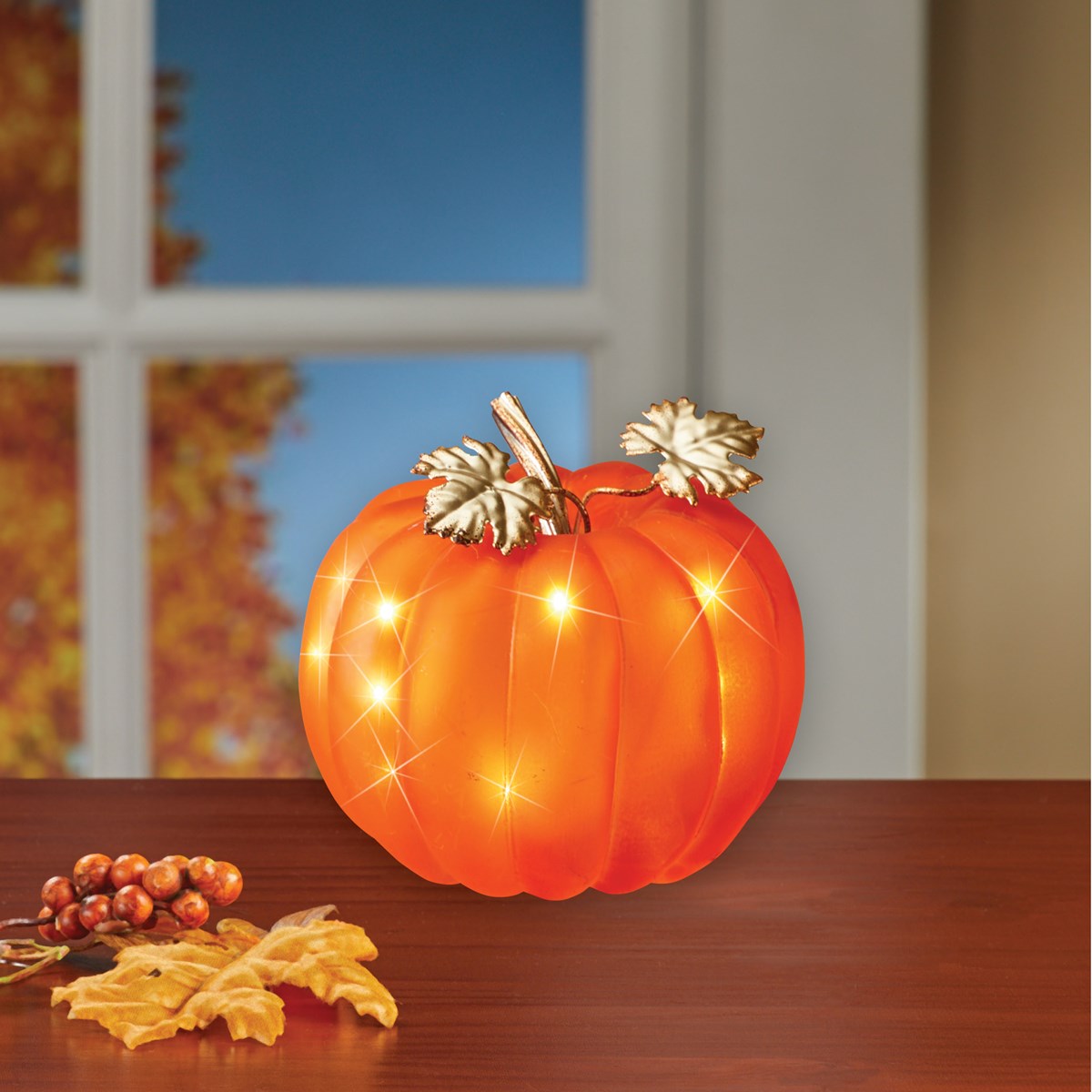 Lighted LED Glass Pumpkin Decoration with Metal Leaves | Collections Etc.