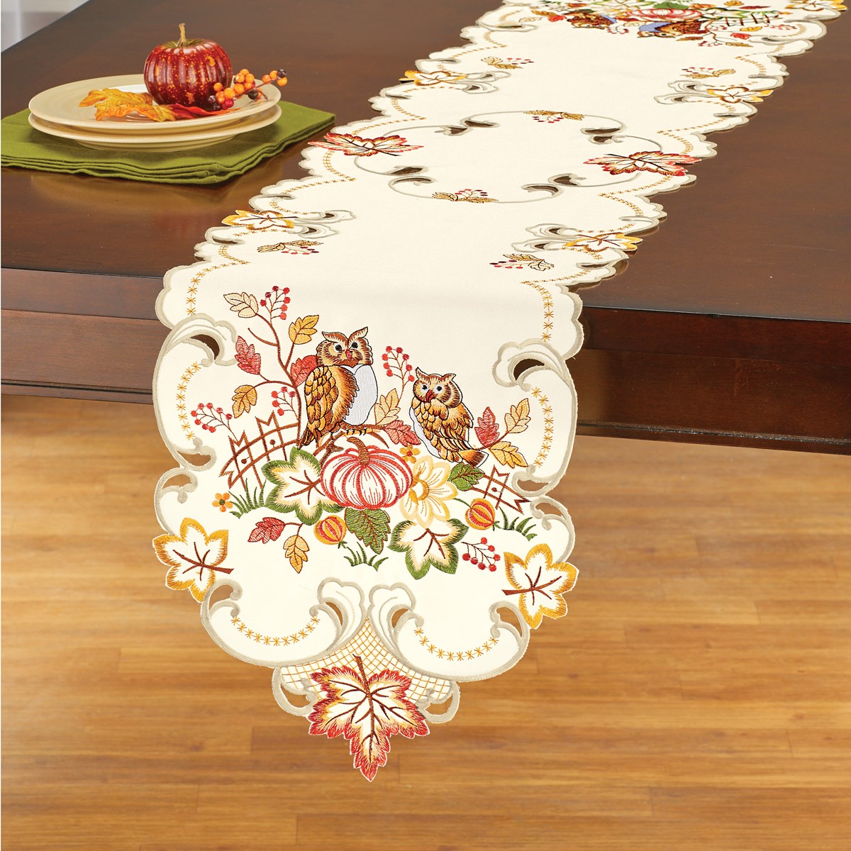 Embroidered Harvest Owls Fall Table Linens | Collections Etc.