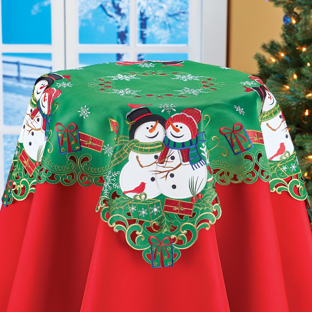 Embroidered Festive Snowman Green Table Linens | Collections Etc.