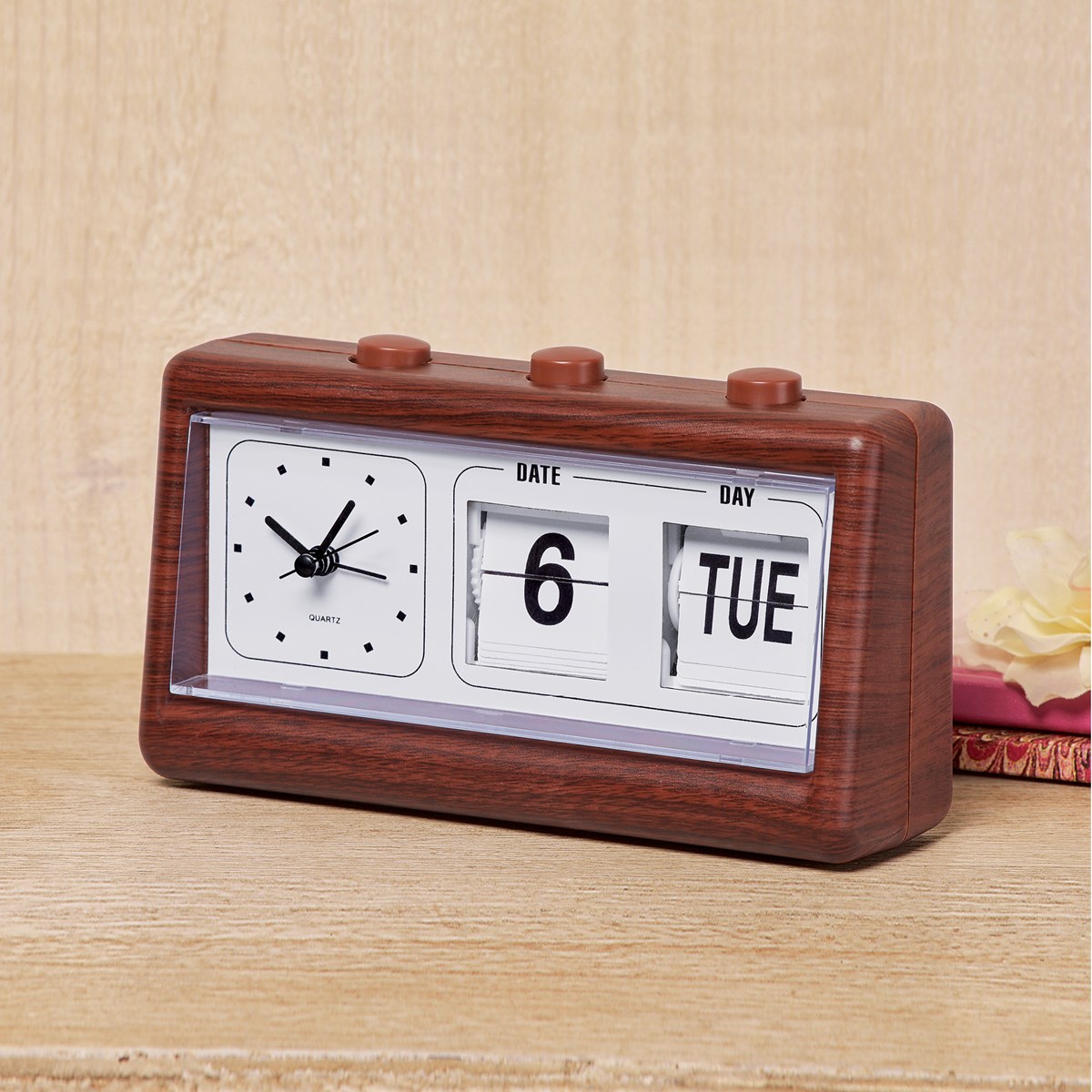 Faux Wood Analog Alarm Clock with Calendar | Collections Etc.