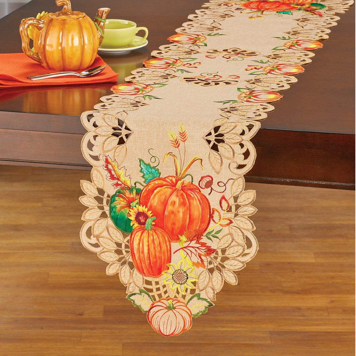 Applique Embroidered Fall Pumpkin Table Linens | Collections Etc.