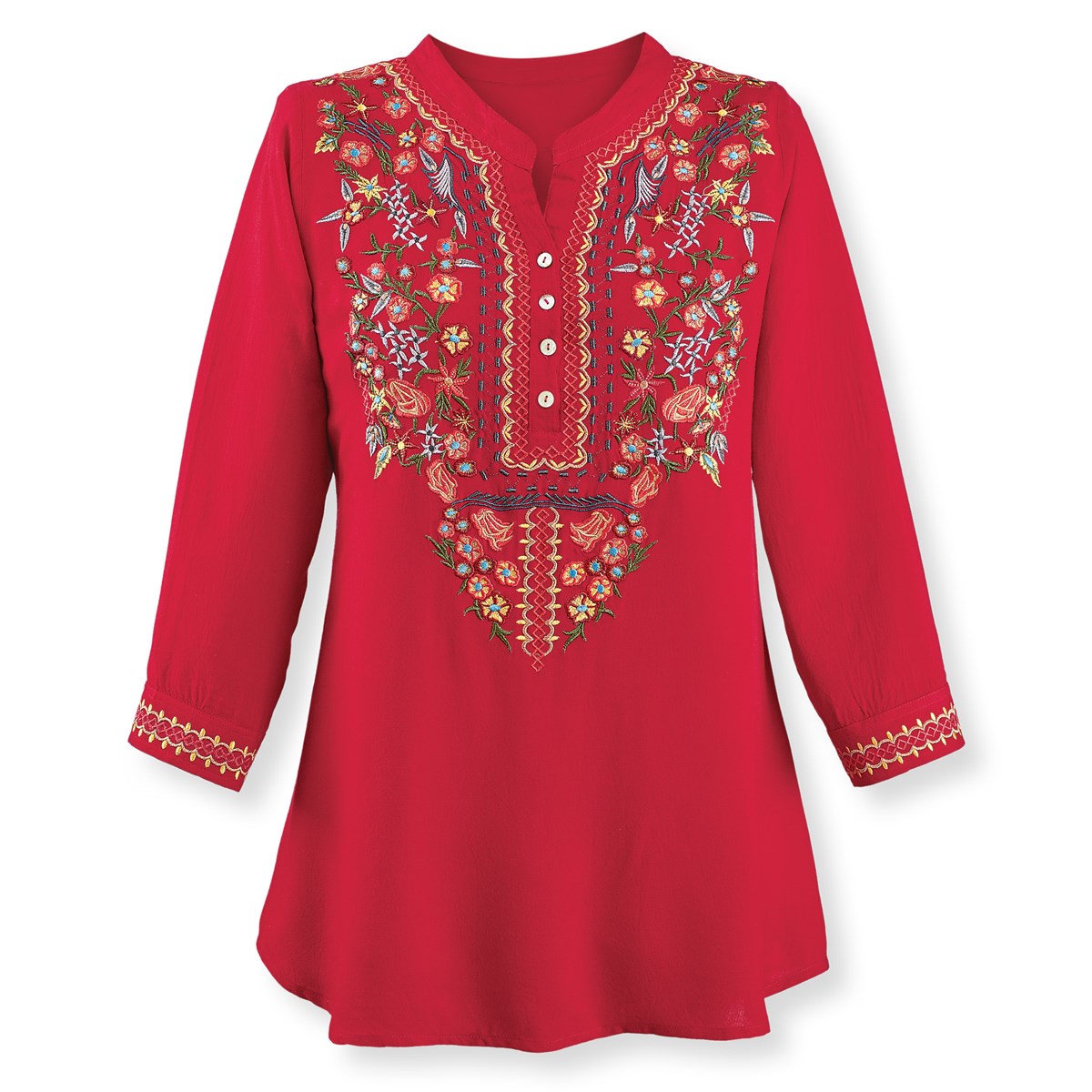 Woven Embroidered Tunic with Henley Style Neckline | Collections Etc.