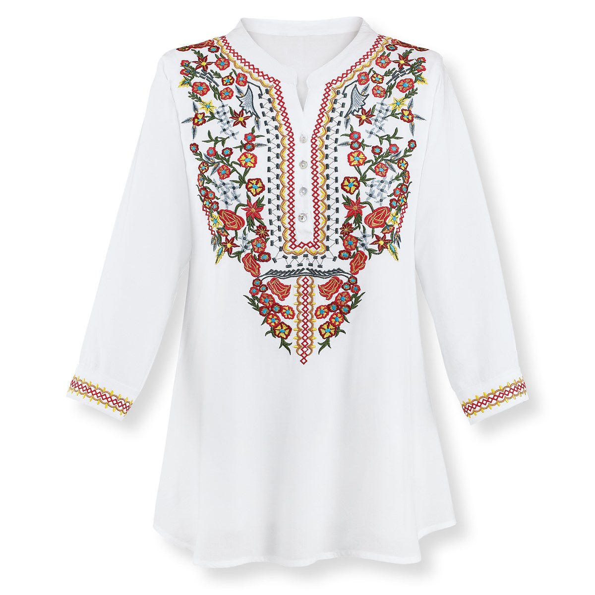Woven Embroidered Tunic with Henley Style Neckline | Collections Etc.