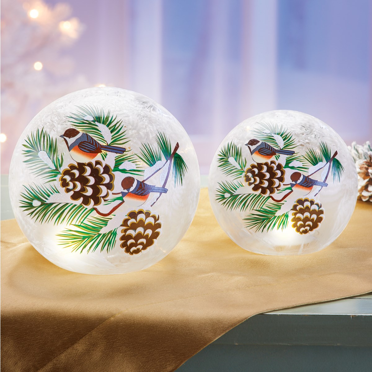 Lighted Chickadee and Pinecone Frosted Glass Balls | Collections Etc.