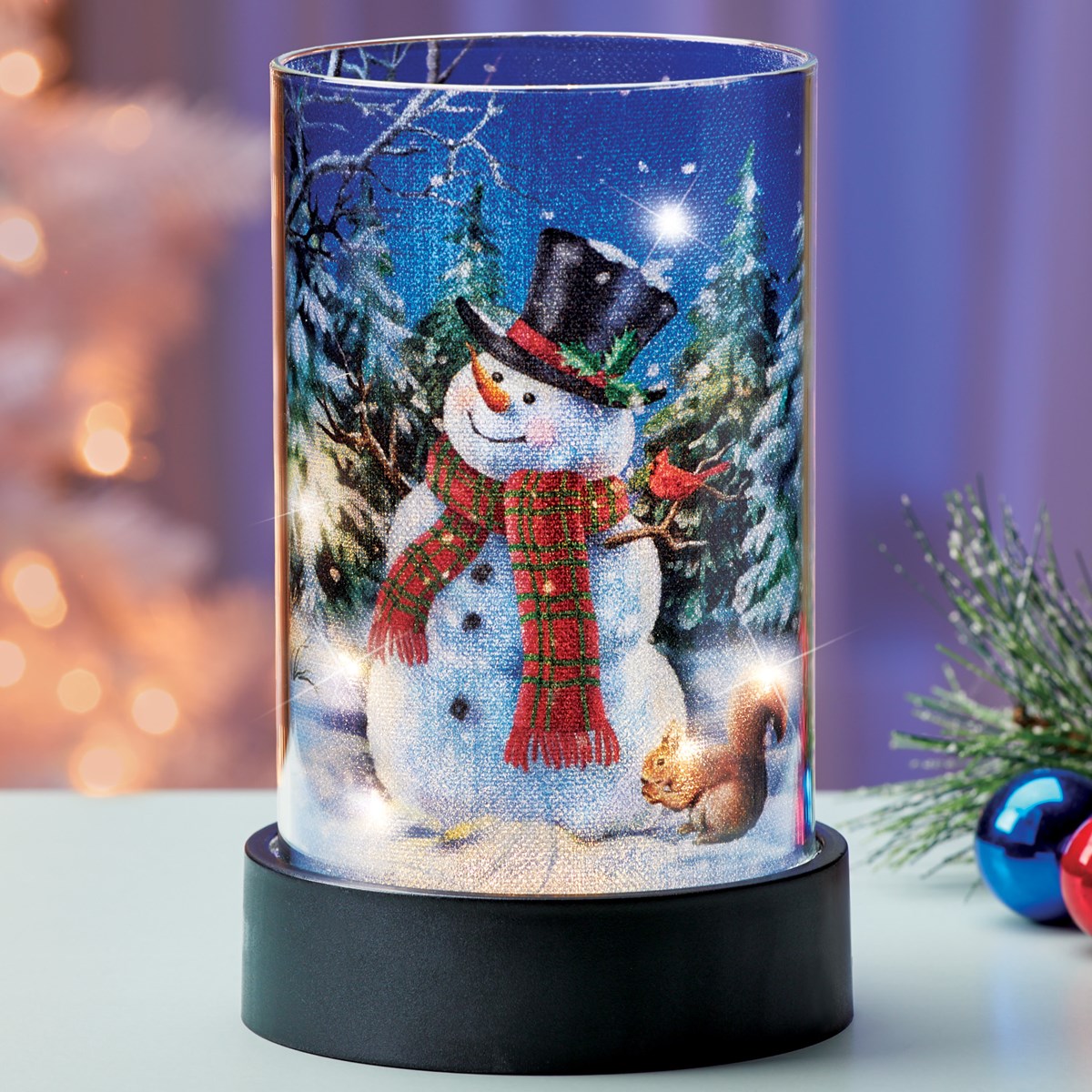 Lighted LED Snowman Glass Hurricane Candle | Collections Etc.