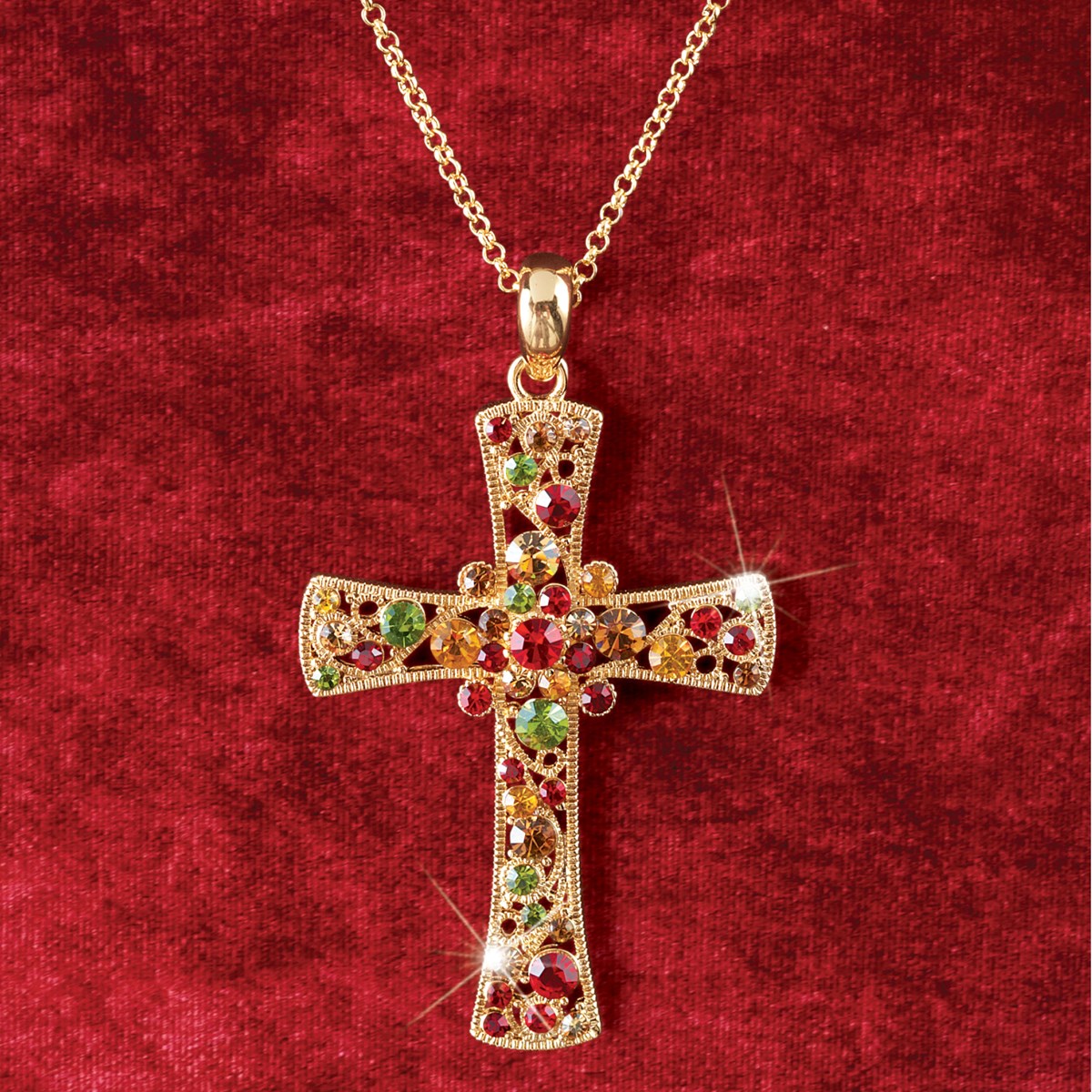Colorful Gold-Toned Cross Necklace with Crystals | Collections Etc.
