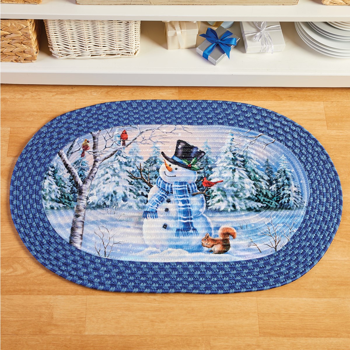 Winter Woodland Scene and Smiling Snowman Braided Accent Rug ...