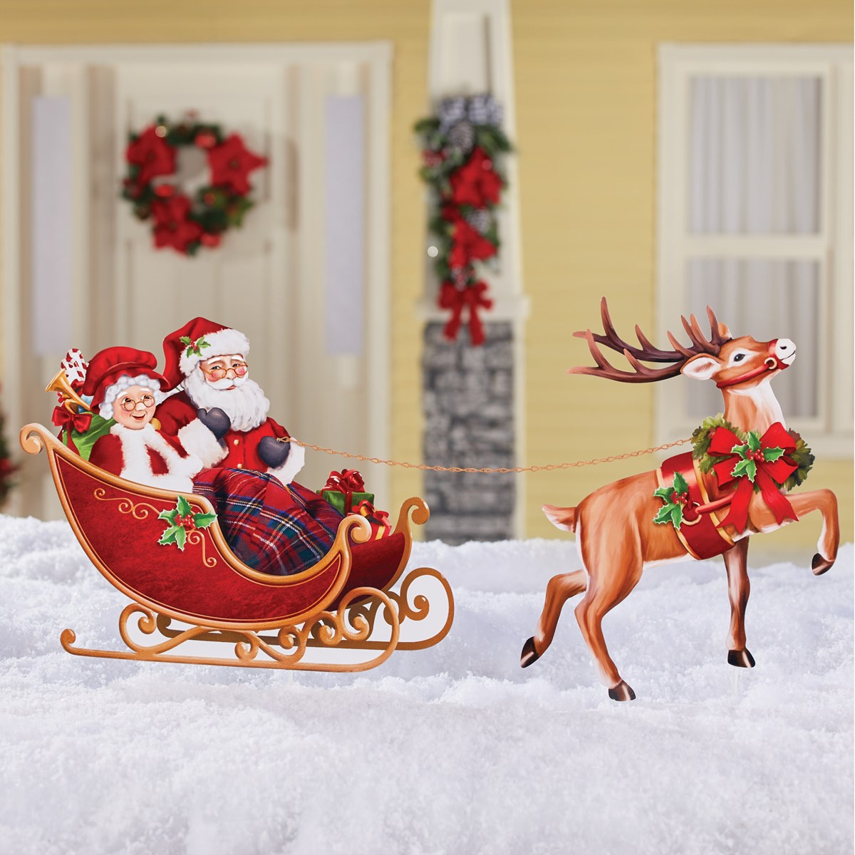 Santa Sleigh and Reindeer Metal Yard Stake Set | Collections Etc.