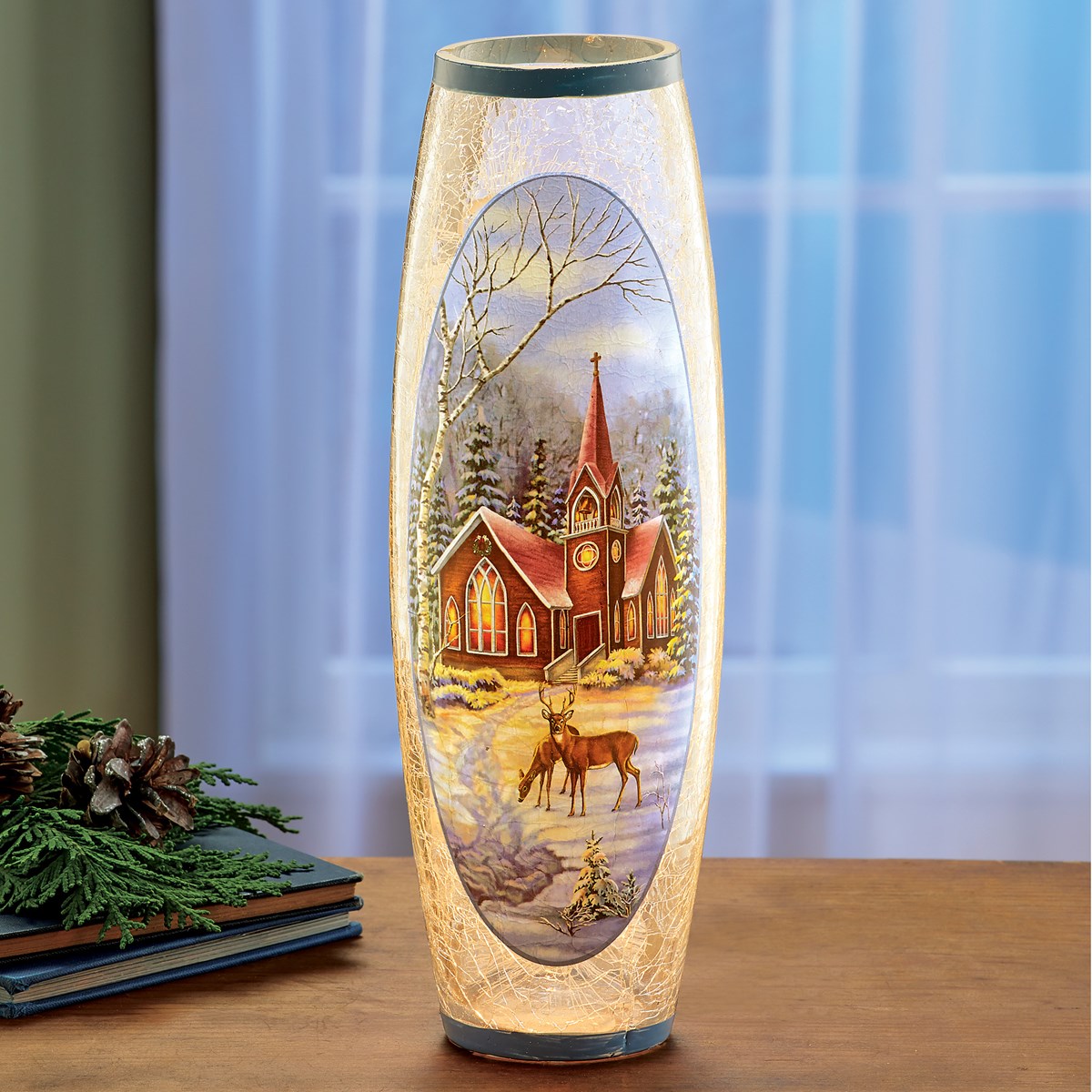 Winter Church Crackled Glass Hurricane Lamp Collections Etc
