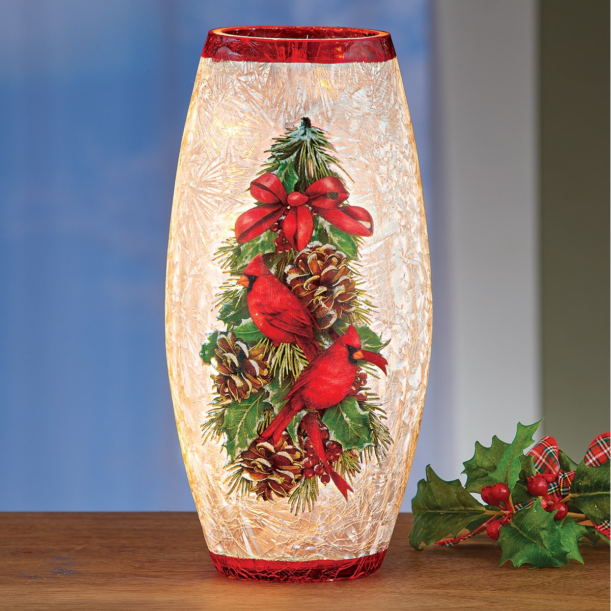 Holiday Cardinal Crackled Glass Hurricane Lamp Collections Etc