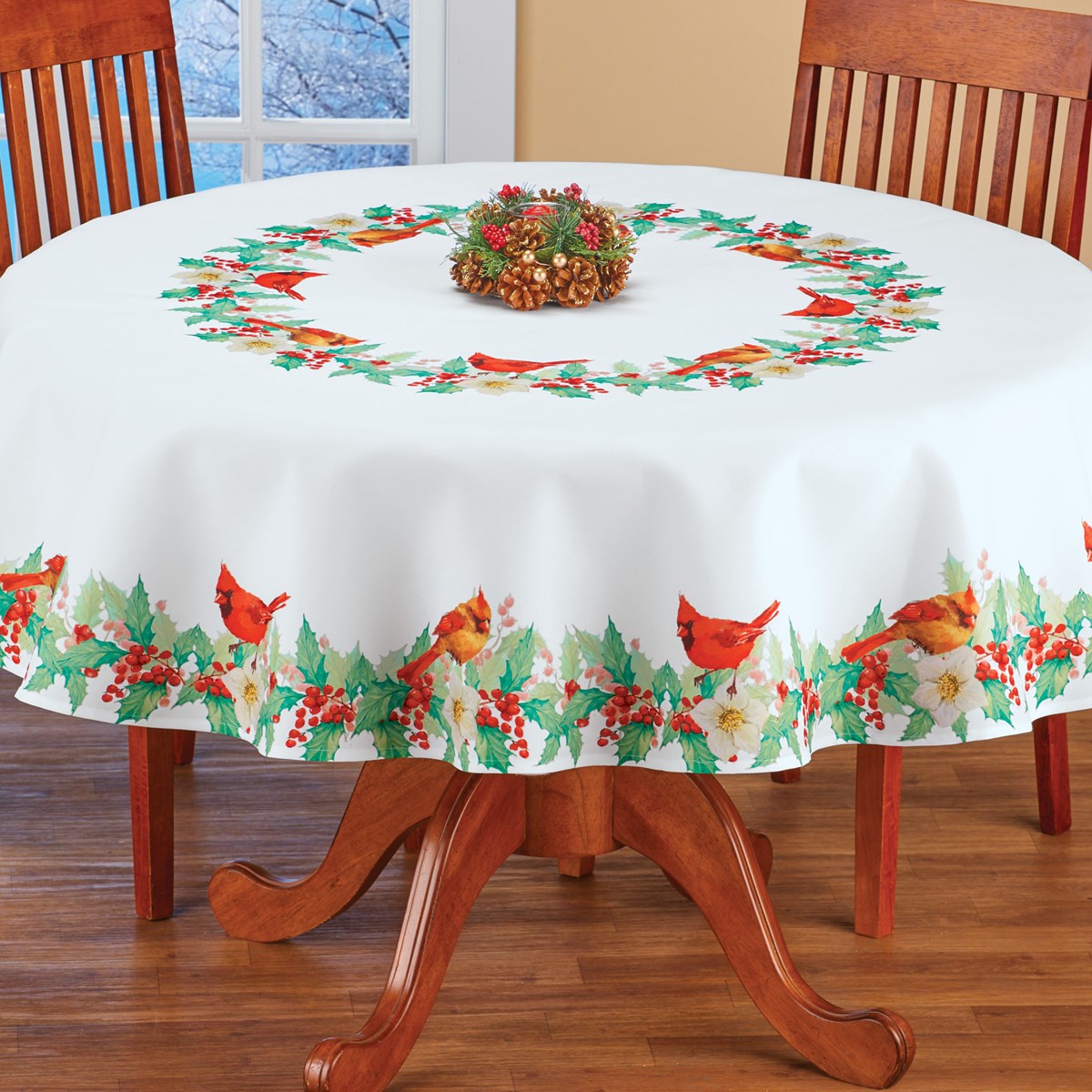 Cardinal Printed Floral Holiday Tablecloth | Collections Etc.