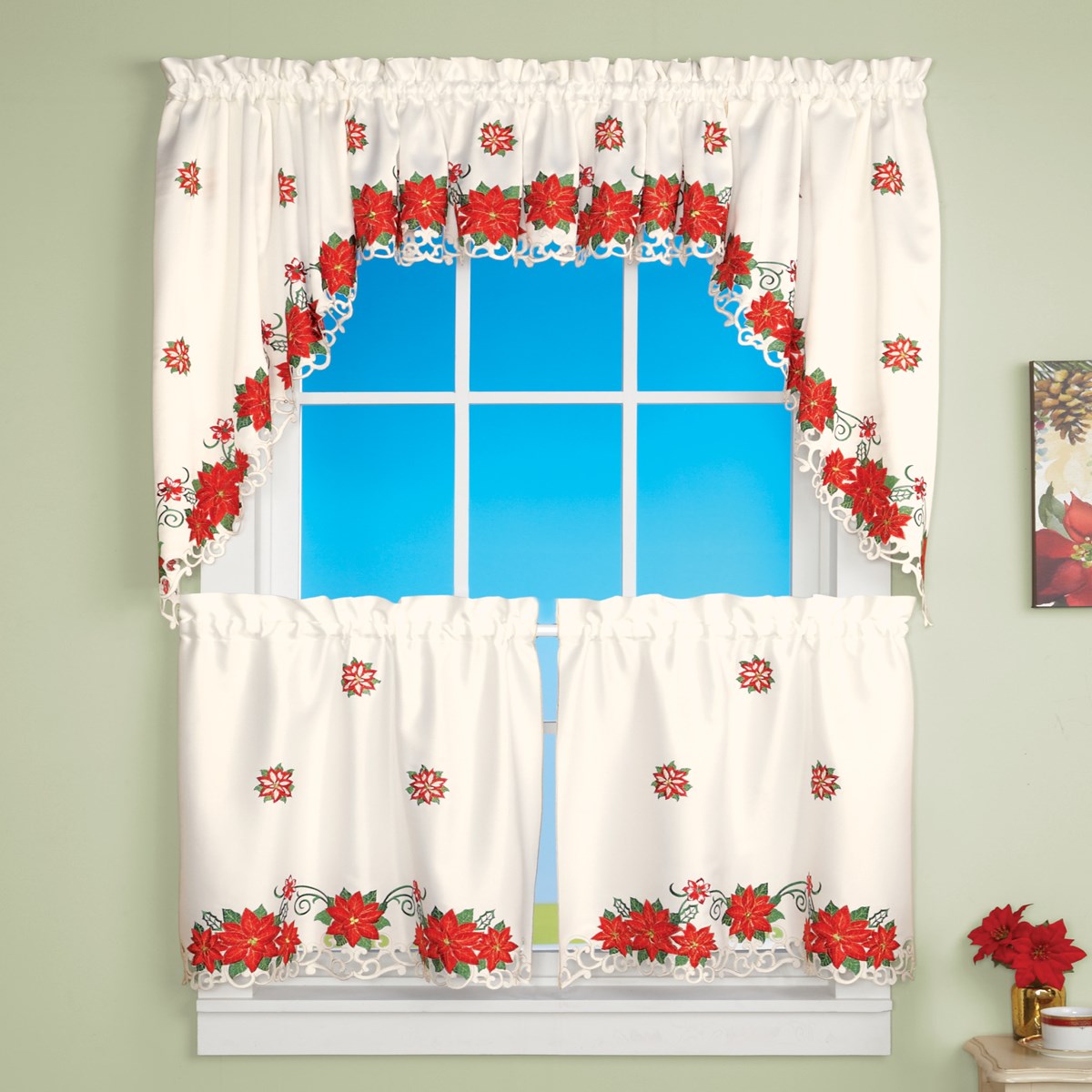 Embroidered Poinsettia Window Curtains | Collections Etc.