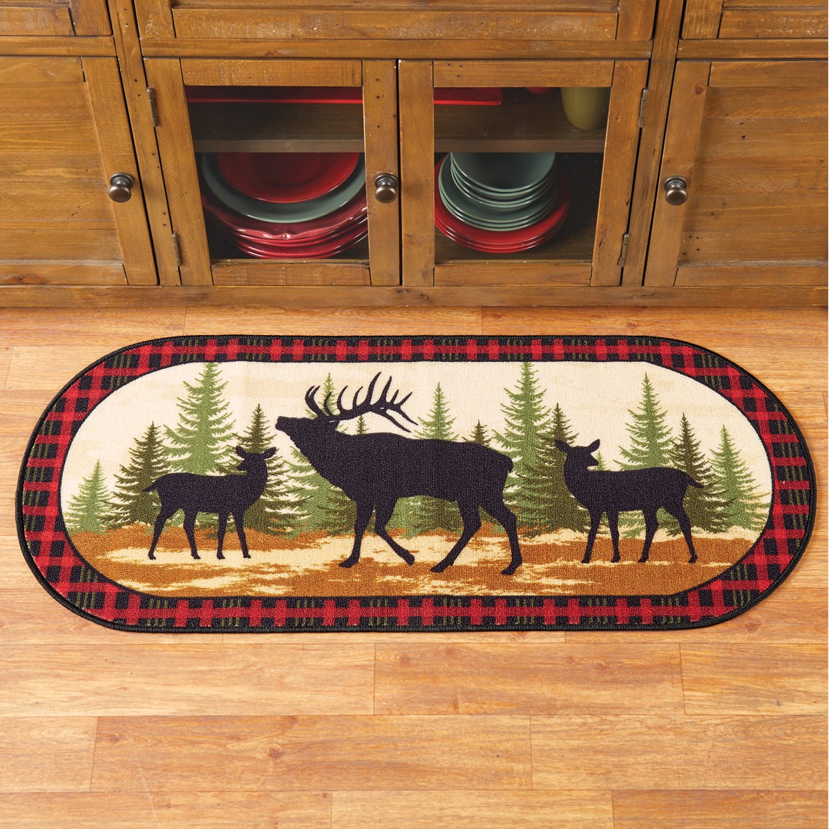 Oval Woodland Elk Rug with Plaid Border and Rubber Back | Collections Etc.