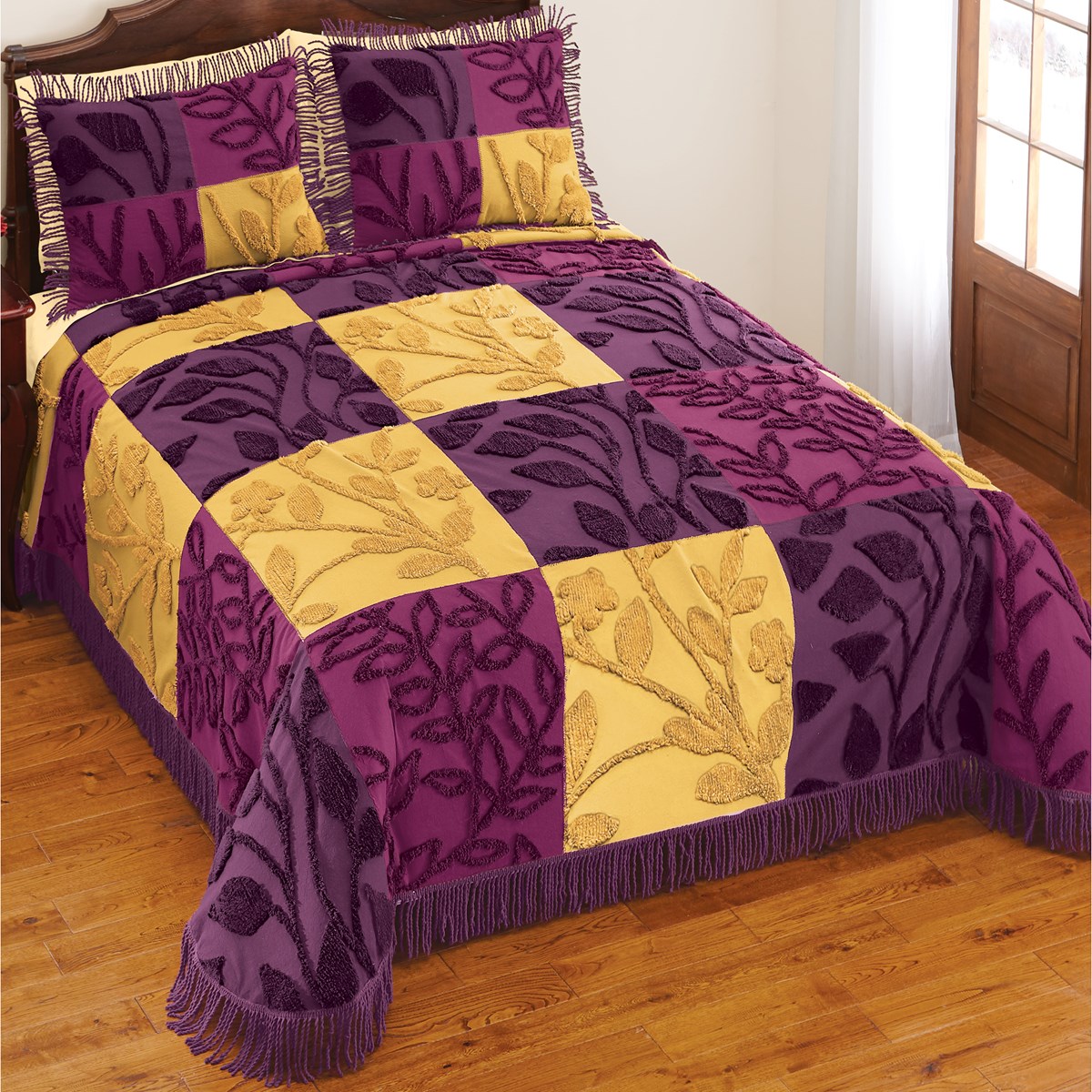 Leaf Patchwork Chenille Bedspread with Fringe | Collections Etc.