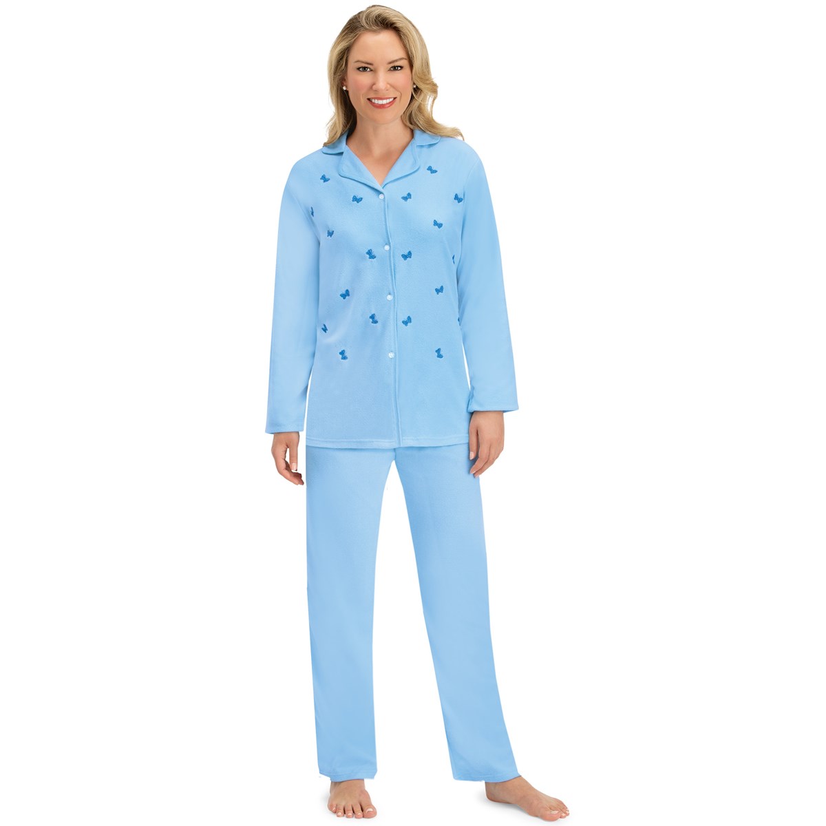 Butterfly Embroidered Fleece Pajamas - Set of 2 | Collections Etc.