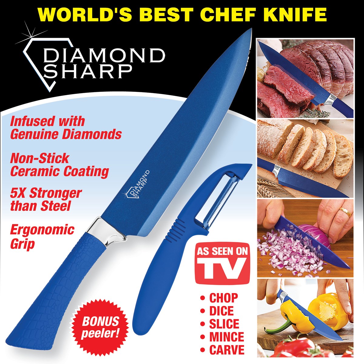 Diamond Sharp Chef Knife with Bonus Peeler | Collections Etc.
