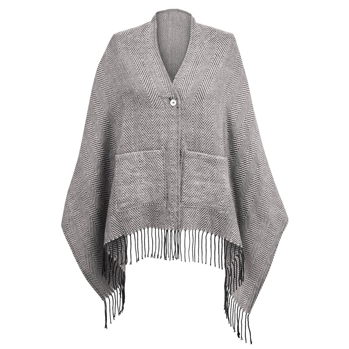 Soft Fringe Shawl with Pockets and Button Closure | Collections Etc.