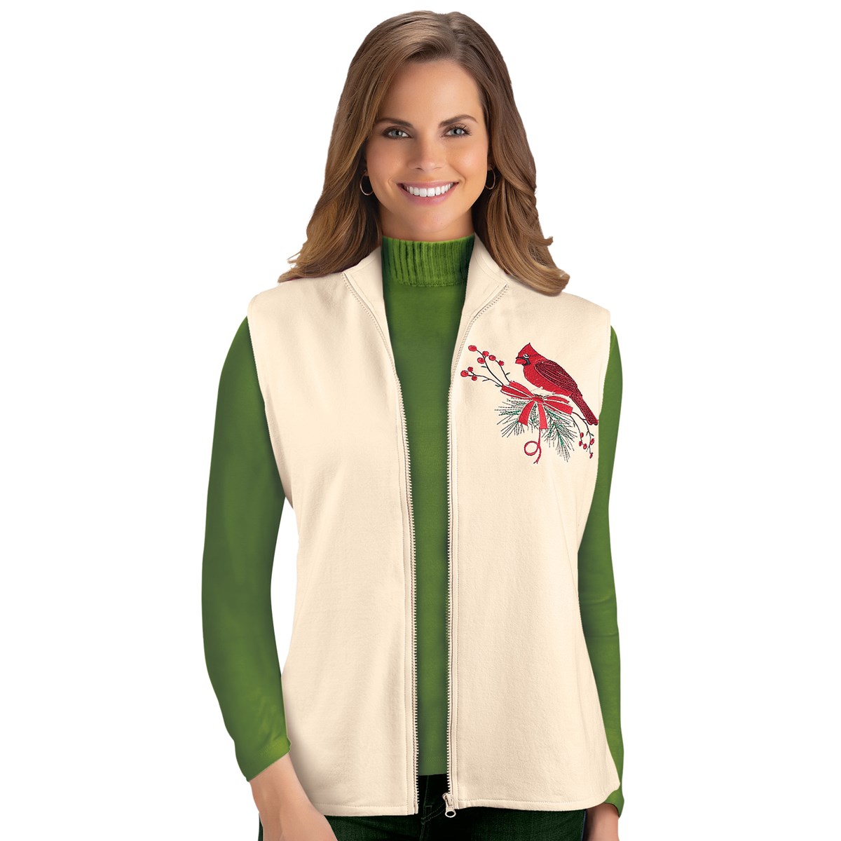 Cardinal Embroidered Ivory Vest with Zip Front | Collections Etc.