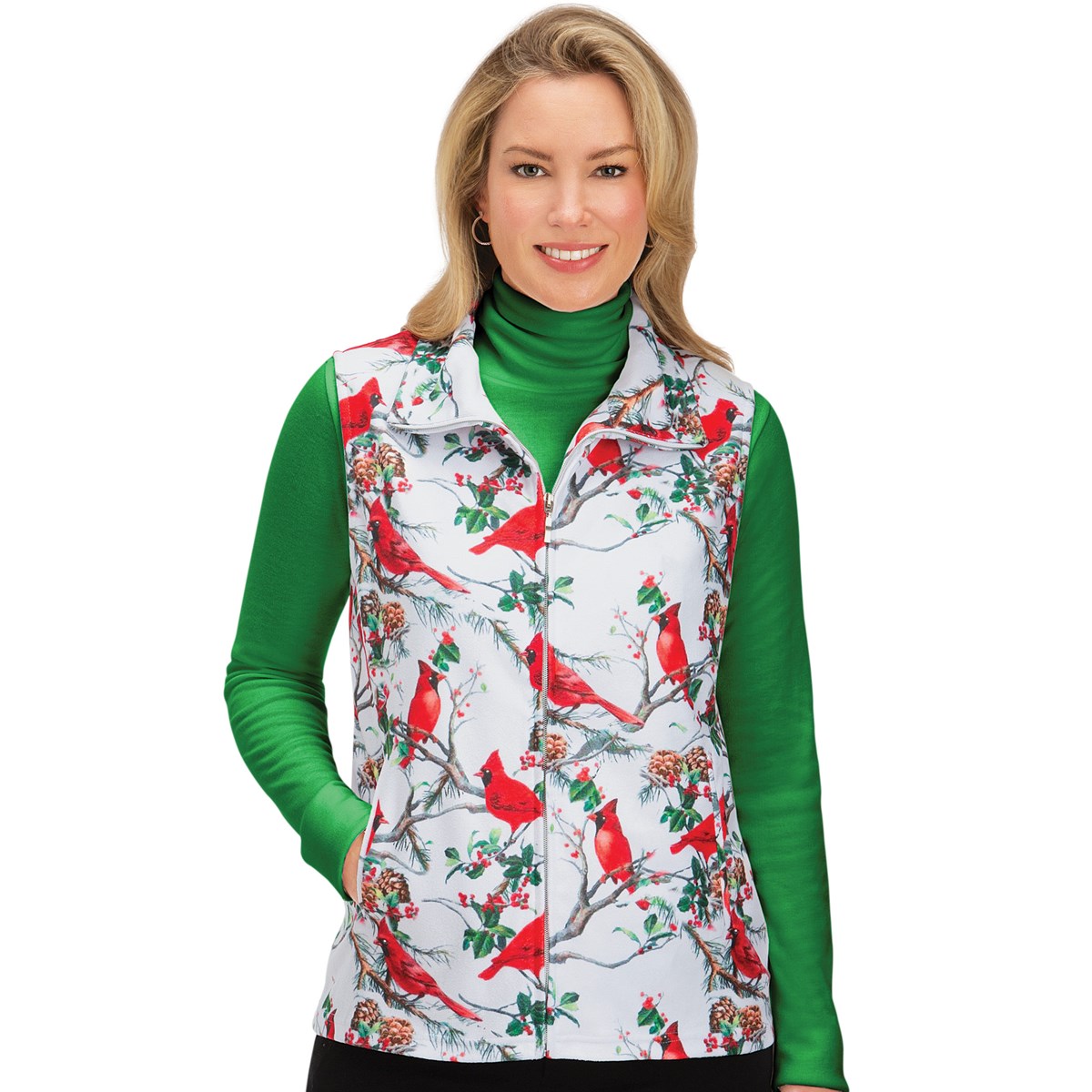 Cardinal Print Fleece Vest with Zip Front | Collections Etc.