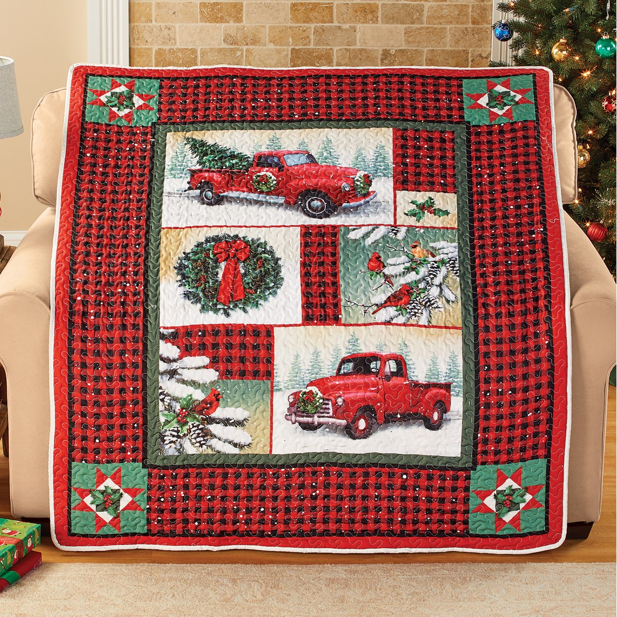 Woodland Truck Patchwork Holiday Throw Blanket | Collections Etc.