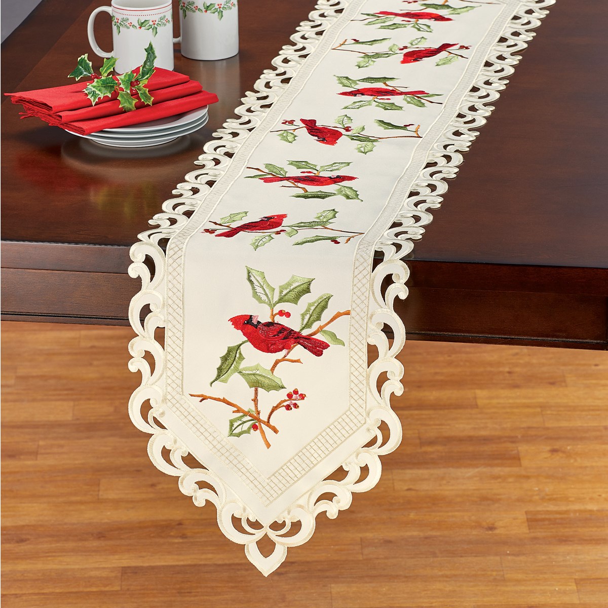 Cardinals Embroidered Ivory Table Runner | Collections Etc.