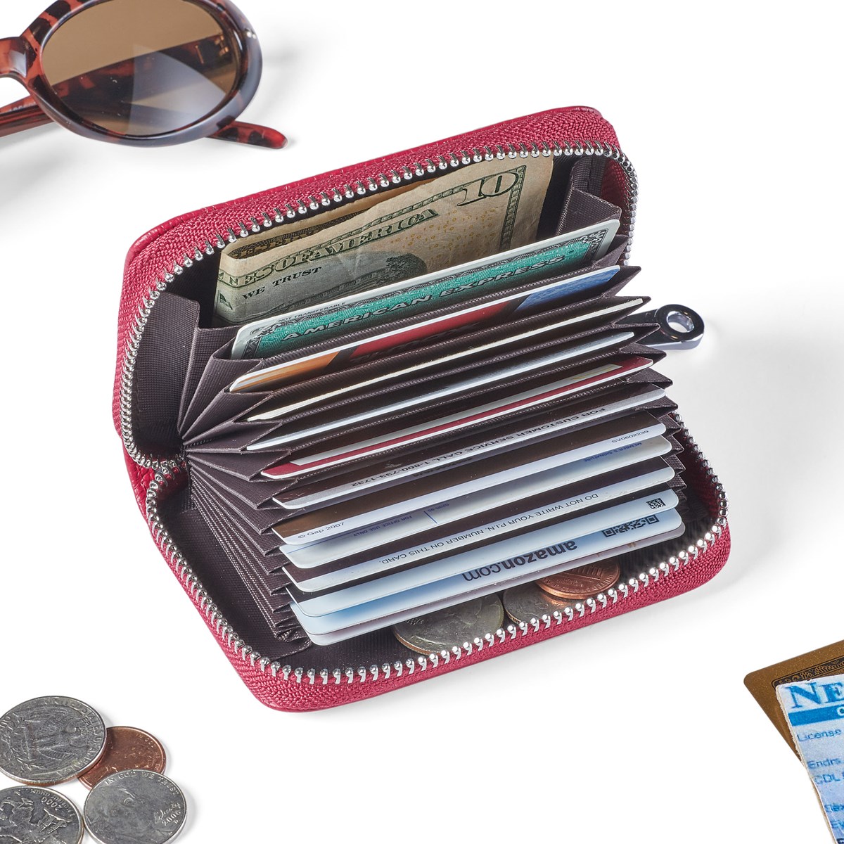 RFID Leather 12-Slot Credit Card Wallet with Zipper | Collections Etc.