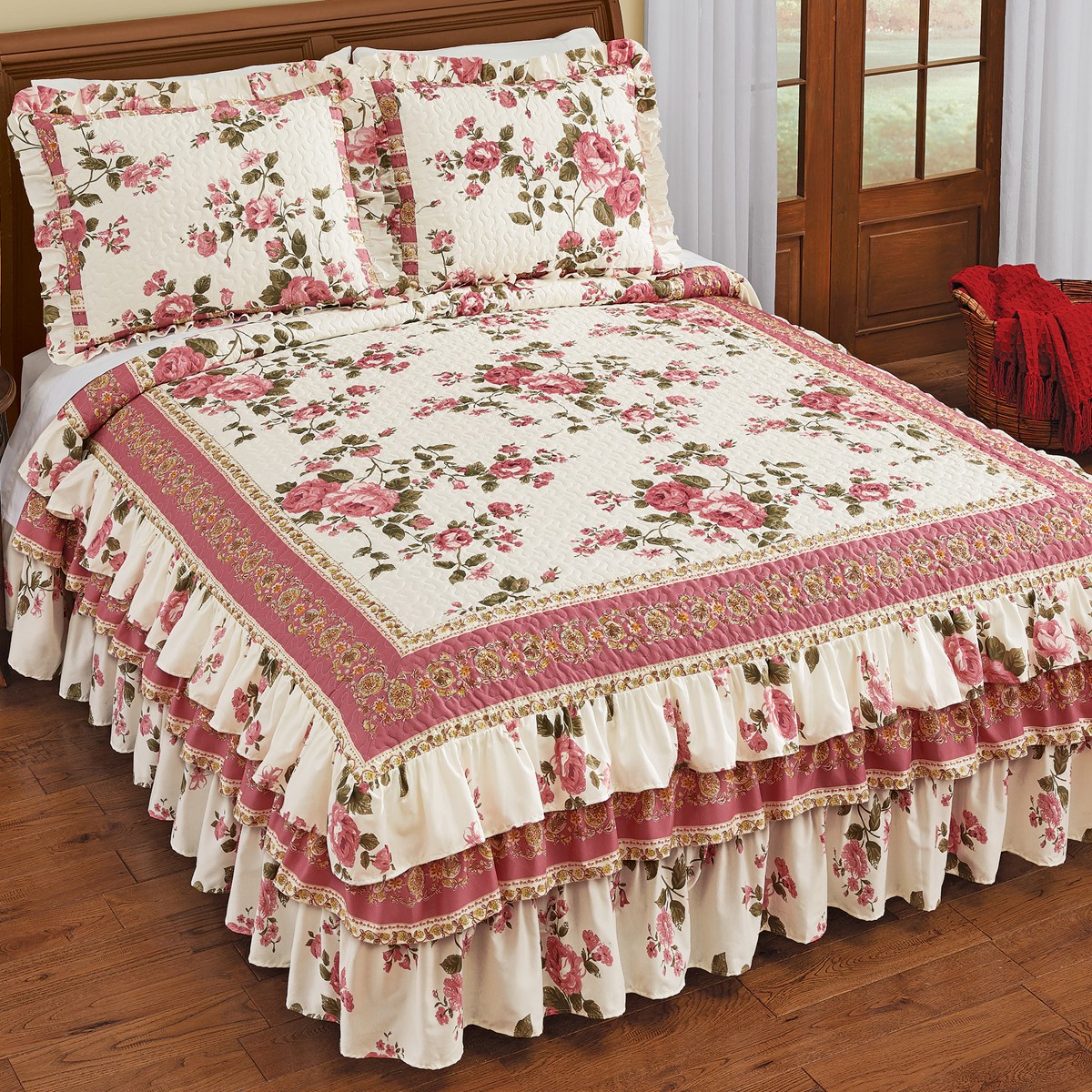 Rose Floral Triple Ruffle Quilted Bedspread | Collections Etc.