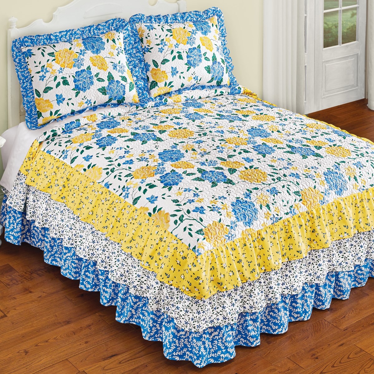 Emily Quilted Blue and Yellow Floral Ruffled Bedspread | Collections Etc.