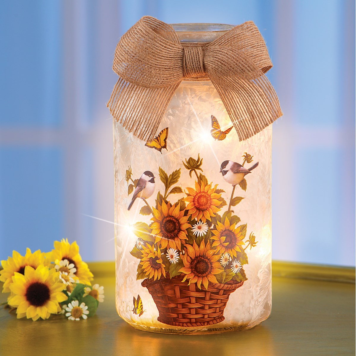 LED Lighted Sunflower Mason Jar Lamp | Collections Etc.