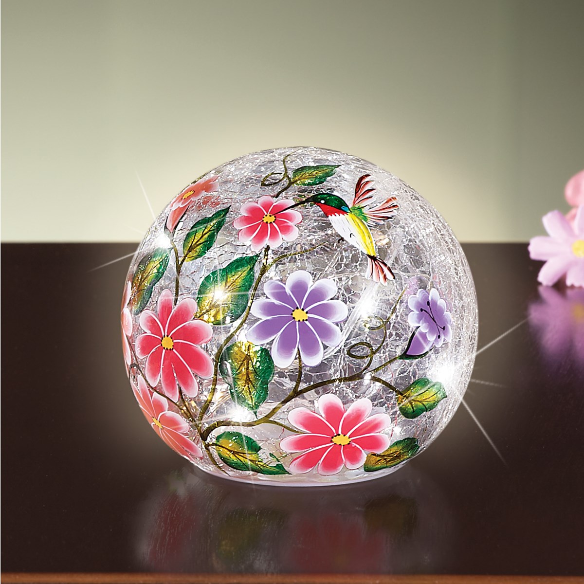 Lighted Hummingbird Floral Crackle Glass Balls | Collections Etc.