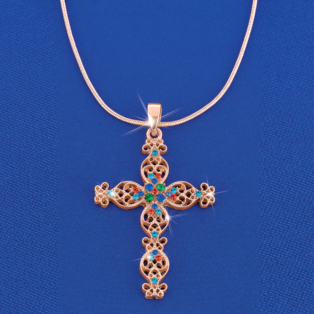 Rose Gold-Toned Multi-color Crystal Cross Chain | Collections Etc.
