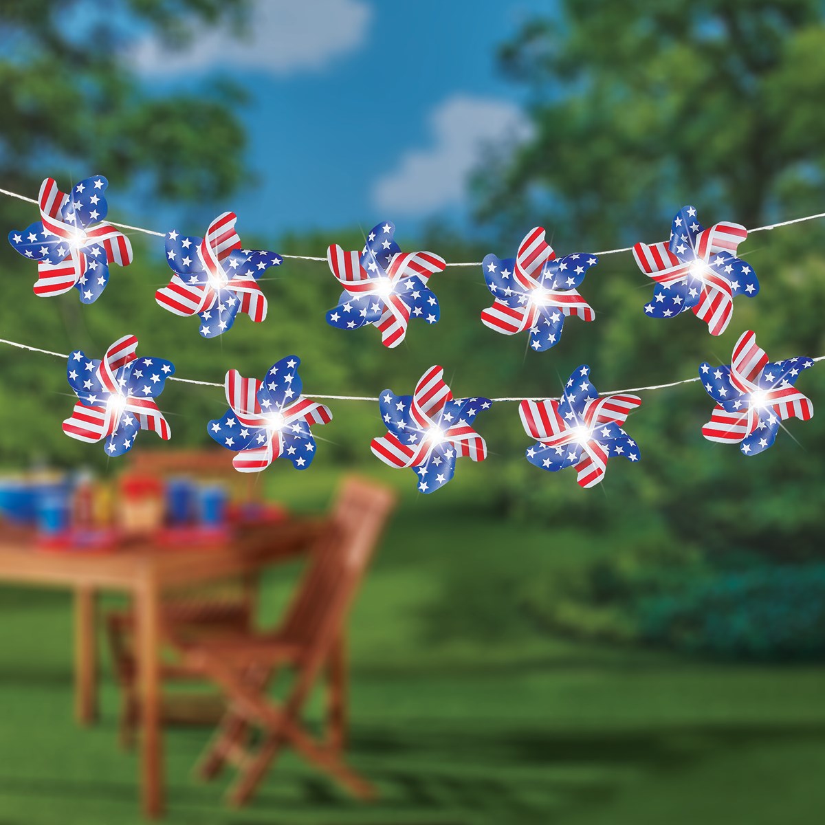 Solar Powered Patriotic Stars & Stripes Pinwheel String Lights ...