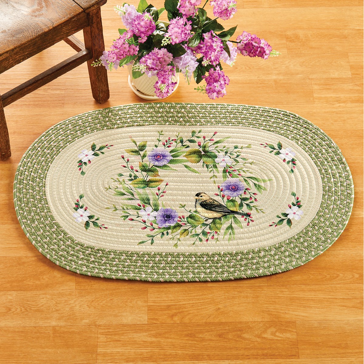 Spring Floral Wreath & Bird Braided Accent Rug | Collections Etc.