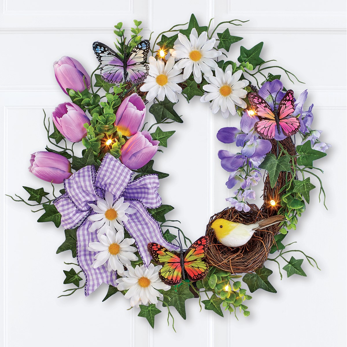 Lighted Spring Floral Bird Wreath with Butterflies | Collections Etc.