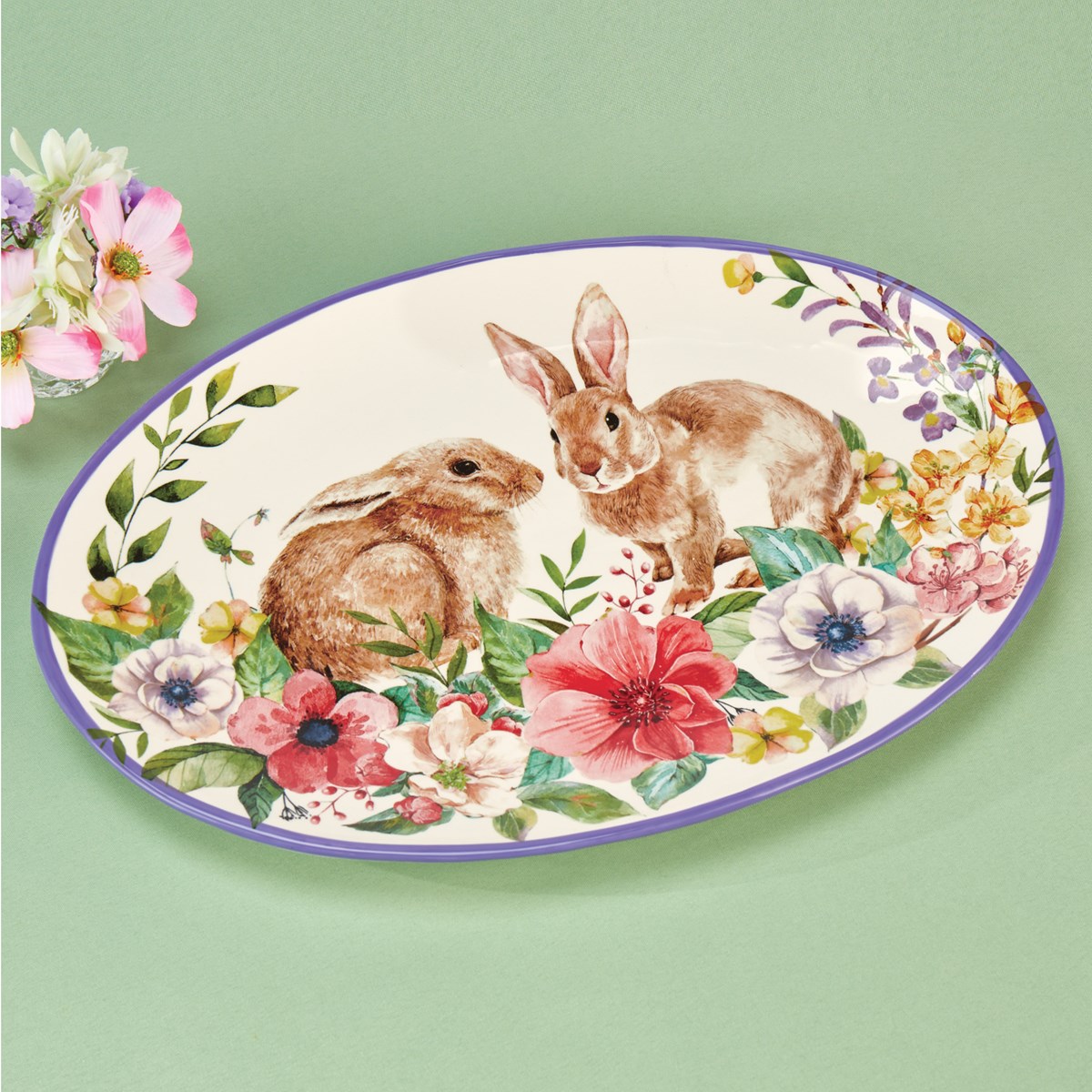 Easter Bunny Oval Ceramic Platter with Floral Design | Collections Etc.