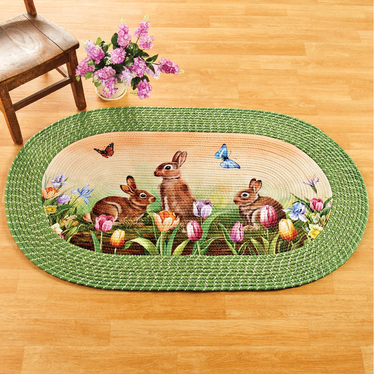 Springtime Floral Bunny Green Braided Rug | Collections Etc.