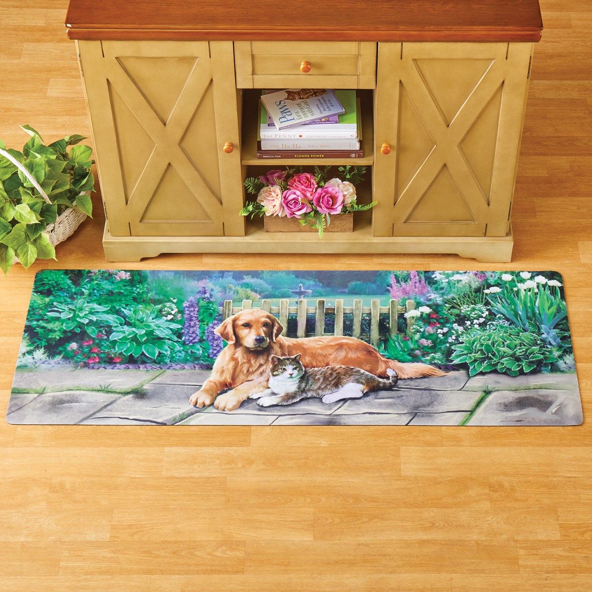 Friendly Dog and Cat in the Garden Runner Rug | Collections Etc.