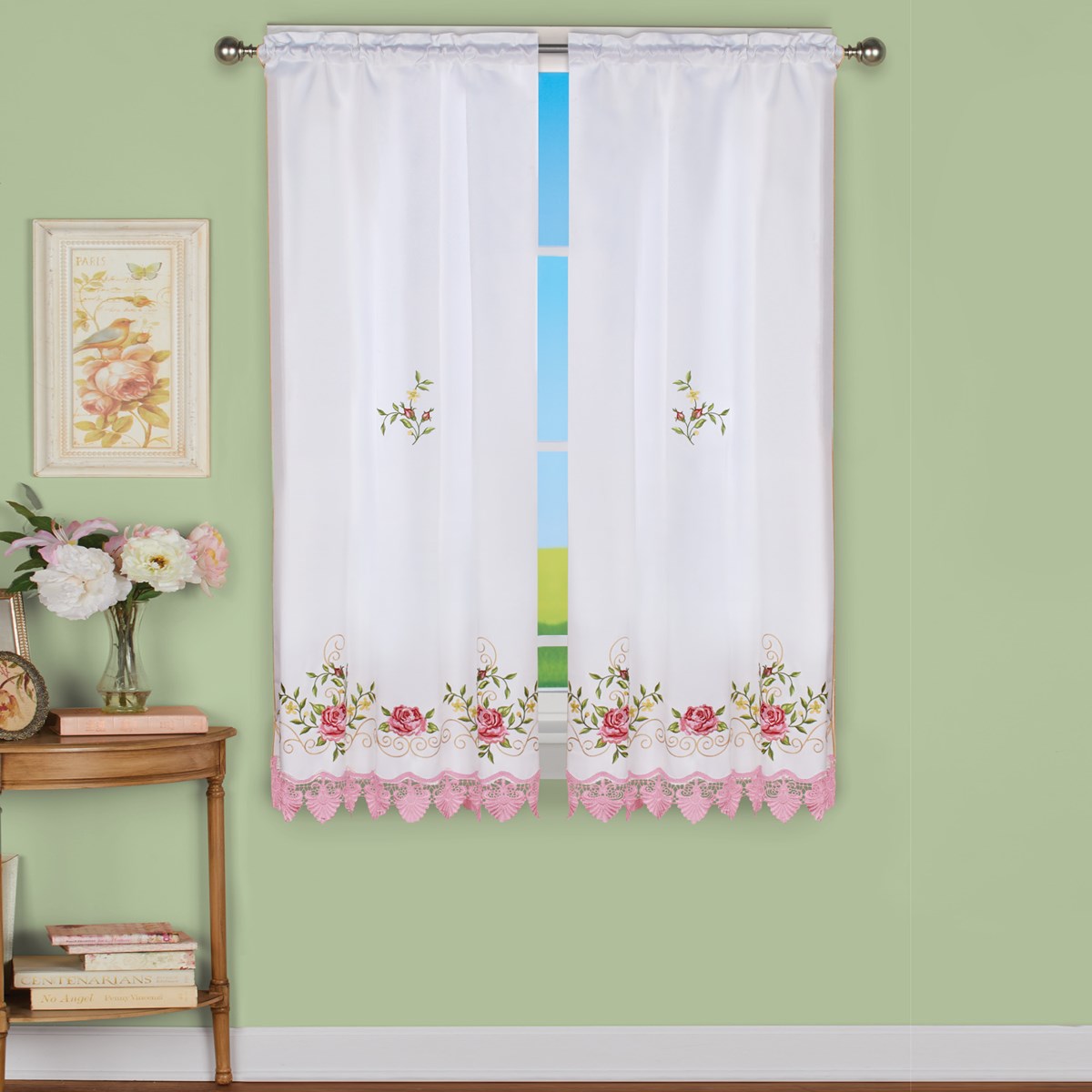 Pink Roses with Vines Lace Drapes | Collections Etc.