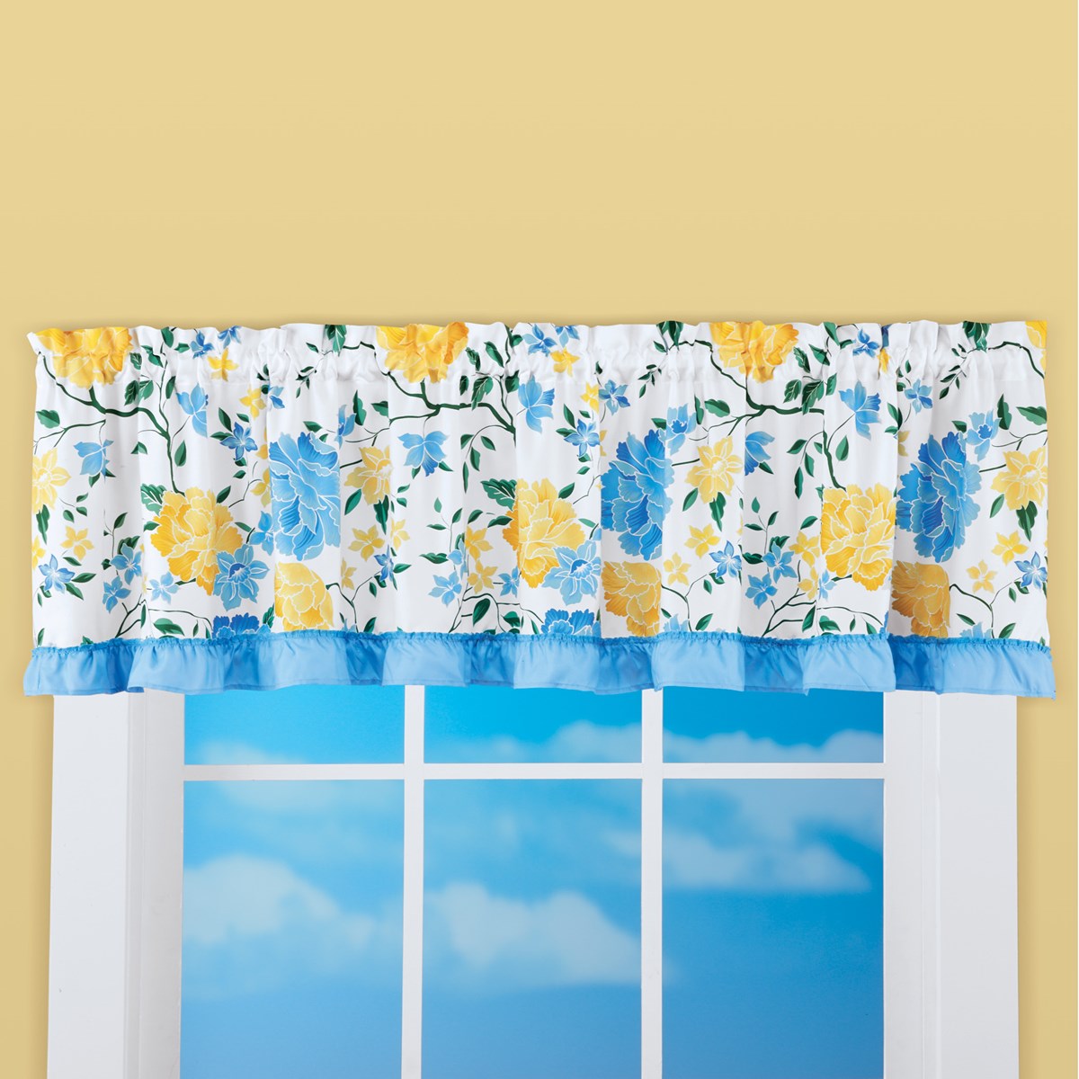 Blue and Yellow Blossoms Emily Ruffled Valance | Collections Etc.