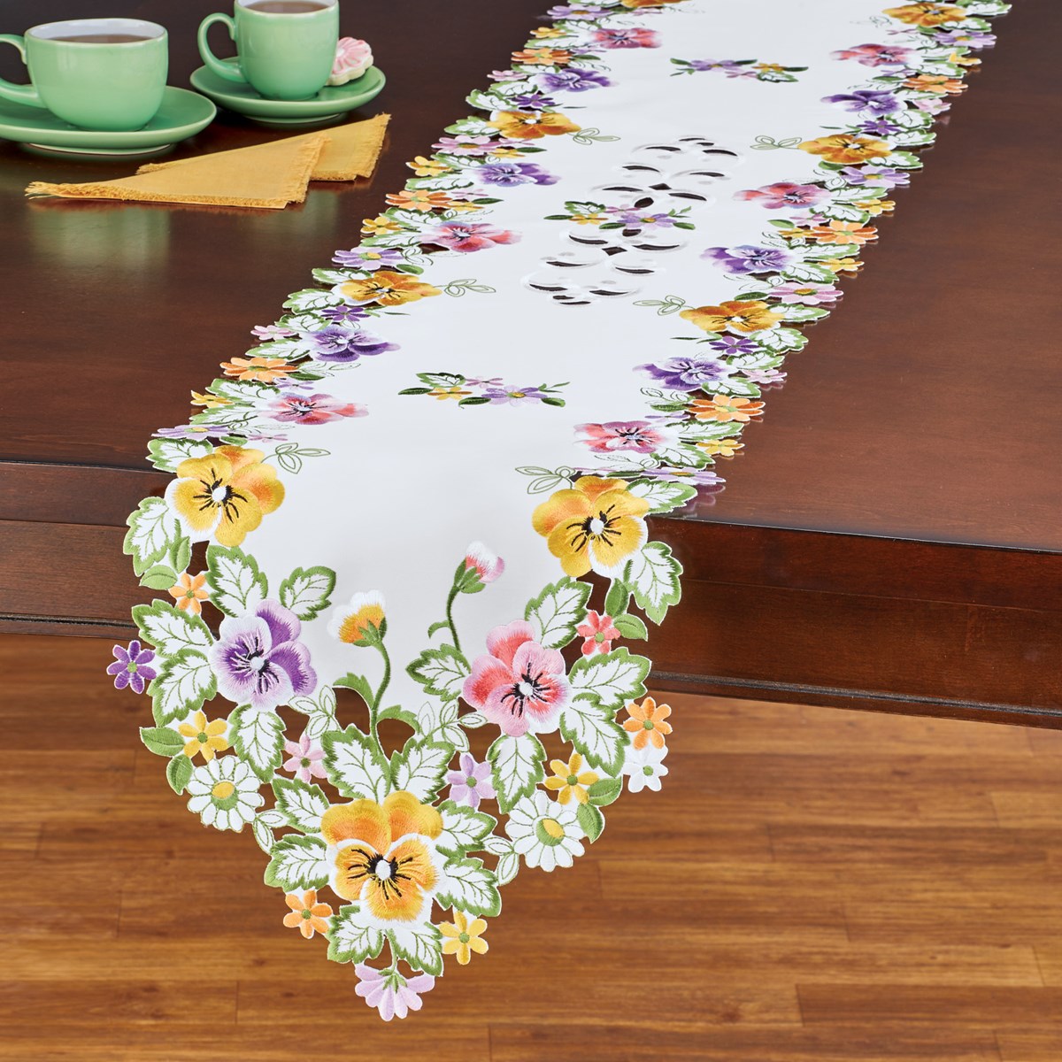 Embroidered Colorful Pansies Table Linens | Collections Etc.